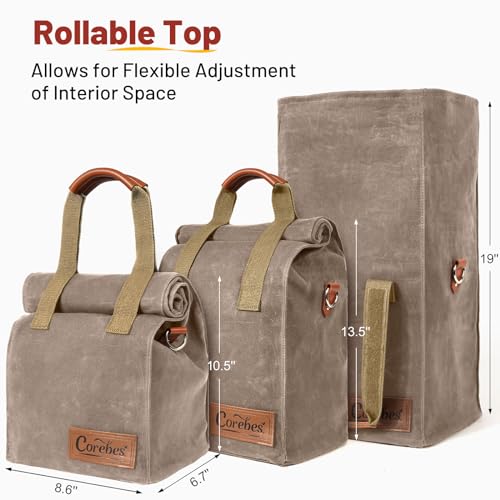 Corebes Insulated Lunch Bag for Men/Women, 11L Waxed Canvas Lunch Box with Adjustable Shoulder Strap & Double Hook-and-Loop Handles for Work Picnic Hiking