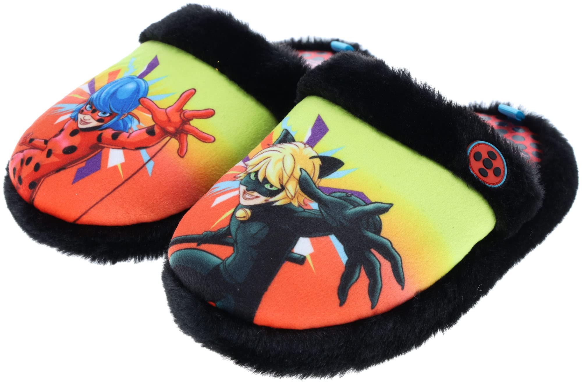 Miraculous Ladybug Girls' Slipper Scuff, Mismatch Ladybug and Cat Noir, Black/Red, Little Kid Size 12/13