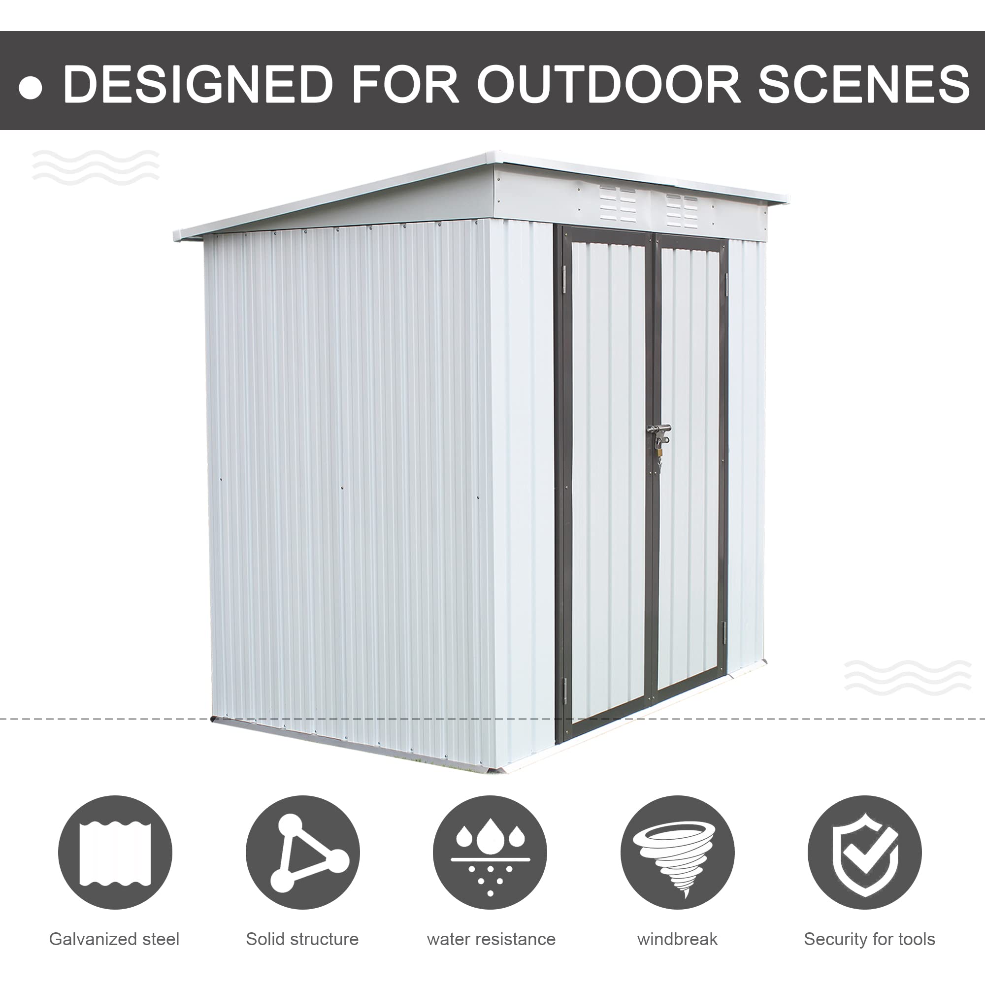 Rophefx 6' x 4' Outdoor Metal Storage Shed with Floor Frame, Outside Waterproof Tool Shed, Steel Garden Shed with Double Lockable Door for Backyard, Patio, Lawn, White & Grey