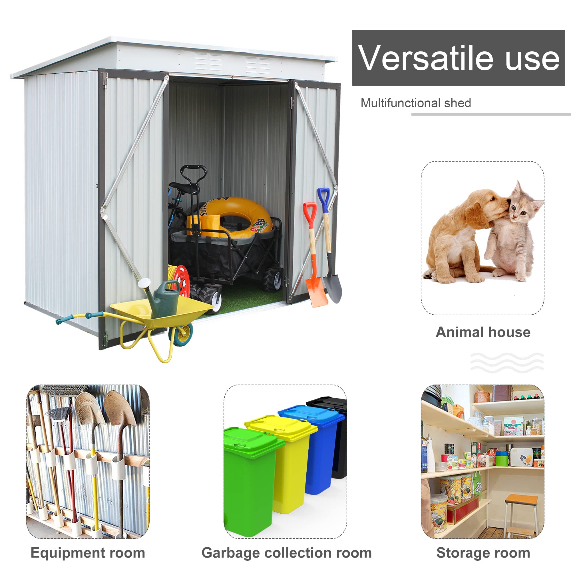 Rophefx 6' x 4' Outdoor Metal Storage Shed with Floor Frame, Outside Waterproof Tool Shed, Steel Garden Shed with Double Lockable Door for Backyard, Patio, Lawn, White & Grey