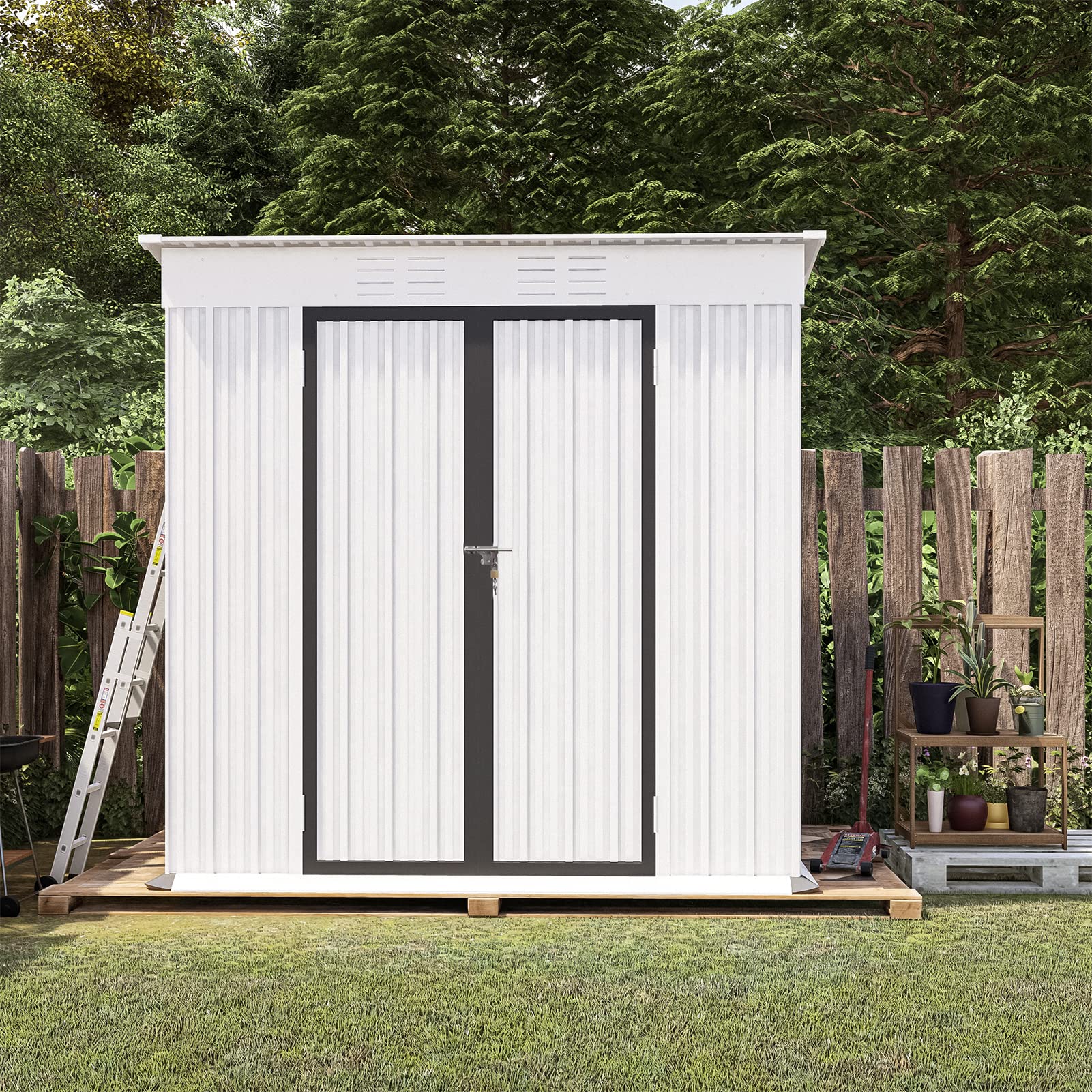 Rophefx 6' x 4' Outdoor Metal Storage Shed with Floor Frame, Outside Waterproof Tool Shed, Steel Garden Shed with Double Lockable Door for Backyard, Patio, Lawn, White & Grey