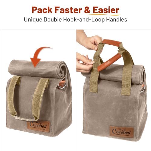 Corebes Insulated Lunch Bag for Men/Women, 11L Waxed Canvas Lunch Box with Adjustable Shoulder Strap & Double Hook-and-Loop Handles for Work Picnic Hiking