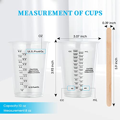 100 PACK Plastic Measuring Cups, 8 oz Disposable Mixing Cups with 100 Wooden Mixing Sticks, Can Be Used for Epoxy Resin, Liquid Measuring, Paint Mixing, Cooking and Baking