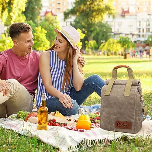 Corebes Insulated Lunch Bag for Men/Women, 11L Waxed Canvas Lunch Box with Adjustable Shoulder Strap & Double Hook-and-Loop Handles for Work Picnic Hiking
