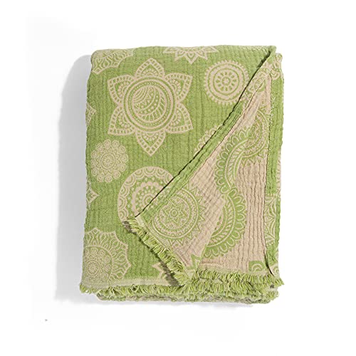 InfuseZen Turkish Blanket with Floral Medallion Print – Muslin Weave Reversible Throw Blanket – 100% Cotton - Breathable, Thin and Lightweight Gauze Throw Blanket – Large 92” x 65” (Olive/Beige)