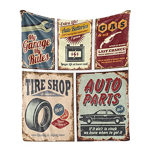 Lunarable 1950s Throw Blanket, Vintage Car Signs Automobile Advertising Repair Vehicle Garage Classics Servicing, Flannel Fleece Accent Piece Soft Couch Cover for Adults, 70" x 90", Burgundy