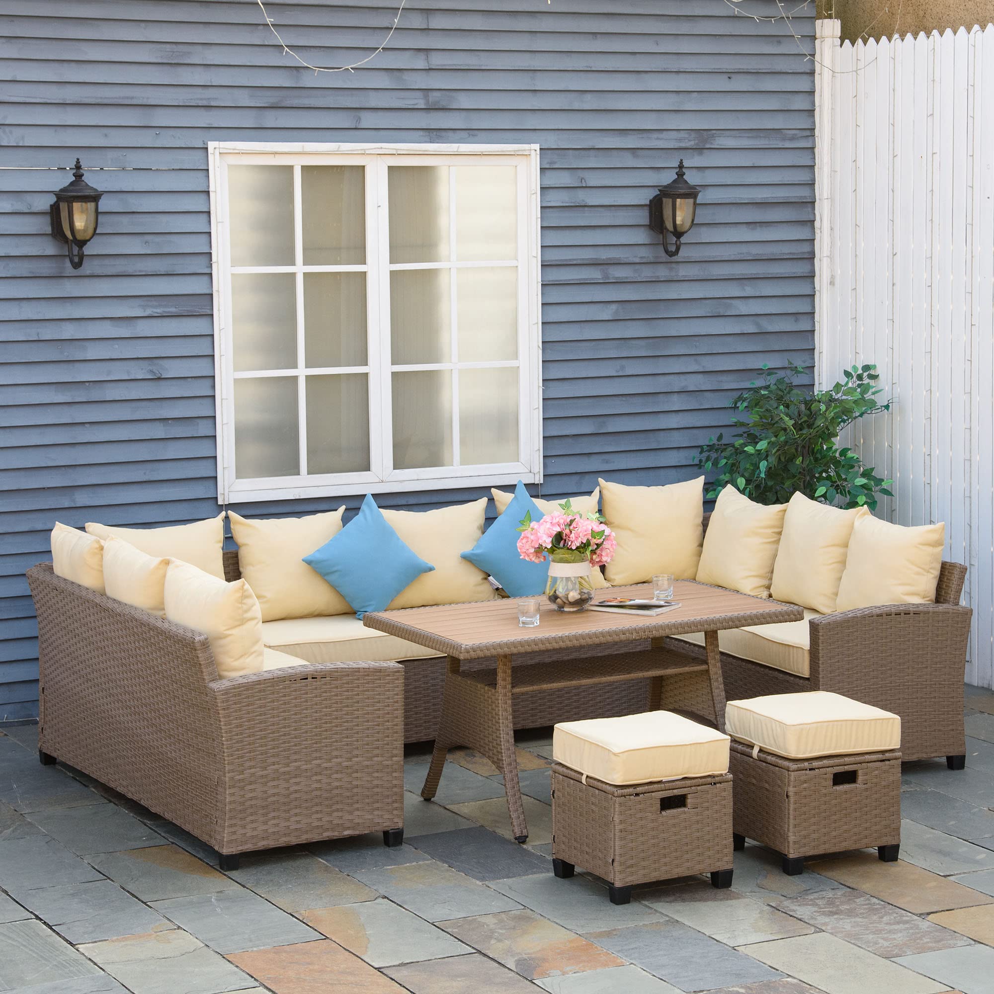 Outsunny Patio Furniture Set, 6 Piece PE Wicker Outdoor Furniture, Conversation Set with Ottomans, Table & Chairs, All Weather Sectional Sofa Couch, Blue Pillows, Khaki