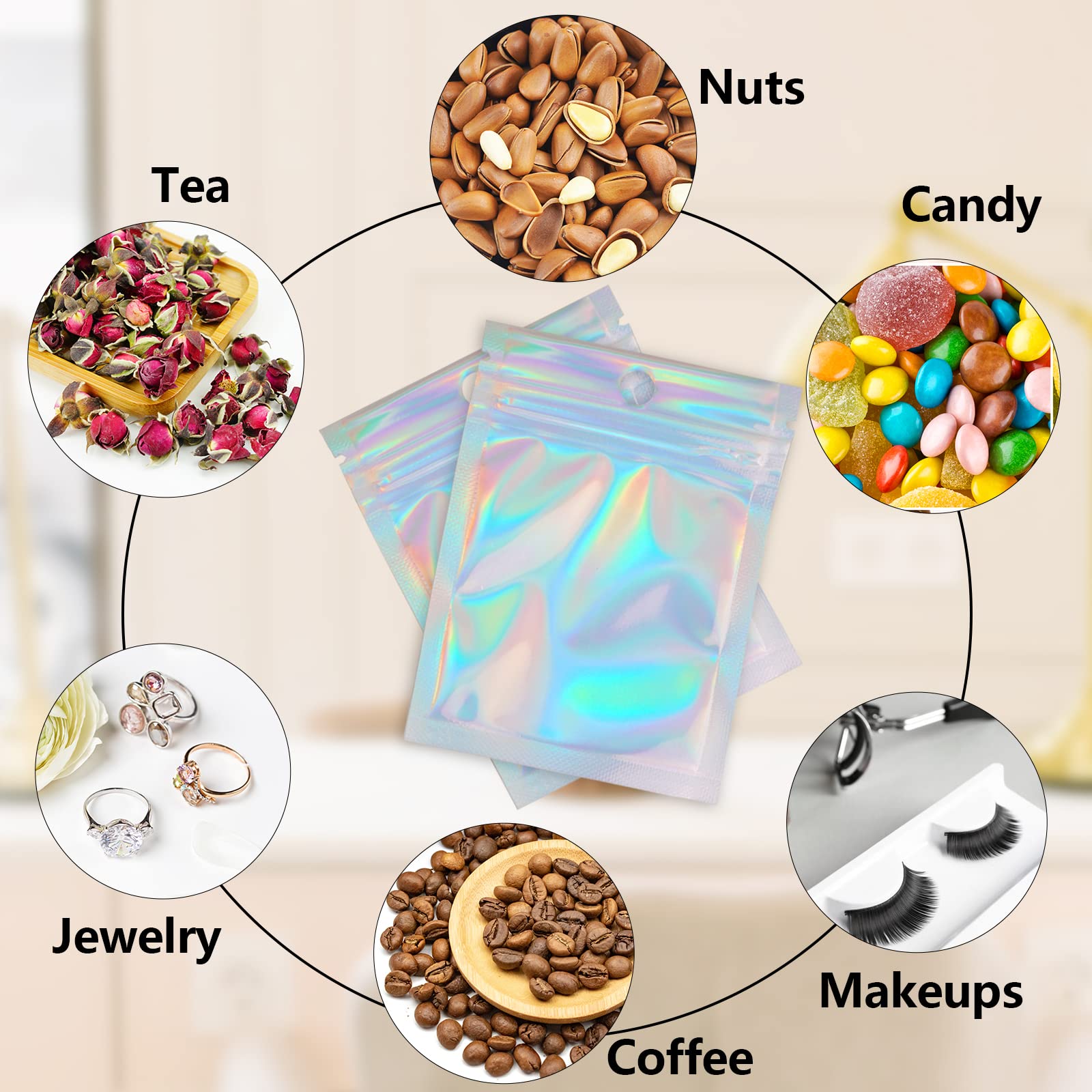Holographic Resealable Bags 300 Pieces(3×4 Inch) Sealed Resealable Pouch for Food Storage