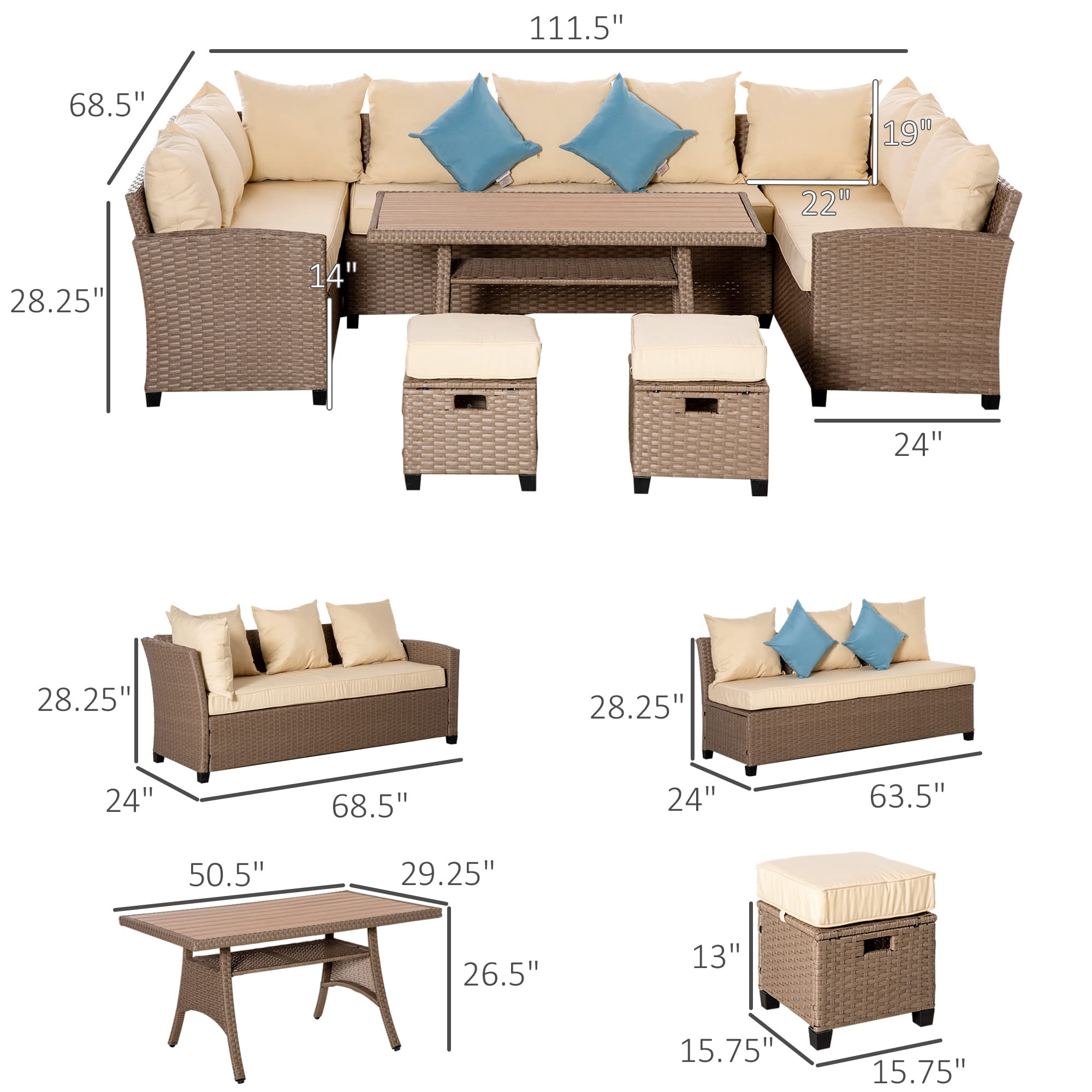 Outsunny Patio Furniture Set, 6 Piece PE Wicker Outdoor Furniture, Conversation Set with Ottomans, Table & Chairs, All Weather Sectional Sofa Couch, Blue Pillows, Khaki
