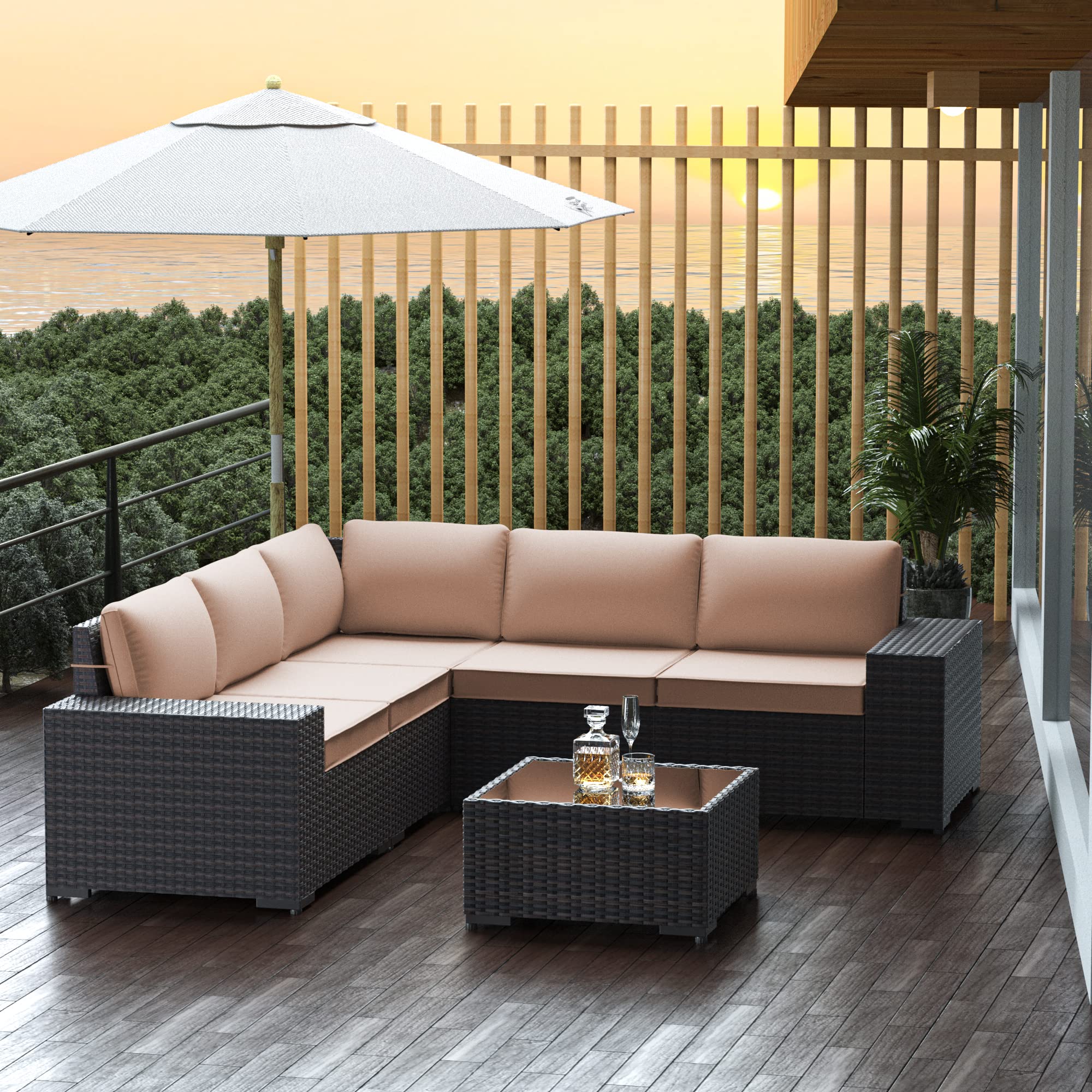 RTDTD Outdoor Patio Furniture Set, 6 Pieces Outdoor Furniture All Weather Patio Sectional Sofa PE Wicker Modular Conversation Sets with Coffee Table,5 Chairs & Seat Clips(Brown)