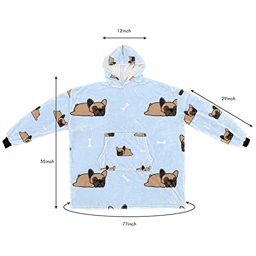 Cute French Bulldog Puppy Pattern Wearable Blanket Hoodie,Oversized Hooded Blanket Sweatshirt