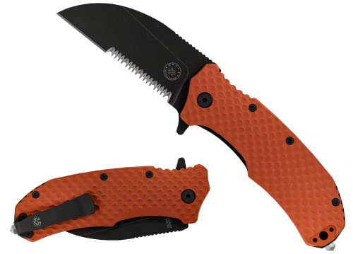 Off-Grid Knives - Rapid Fire Rescue Folding Knife, Sandivk 14C28N Steel, Wharncliffe Blade Shape, G10 Scales, Emergency Glass Breaker (Orange/Black)