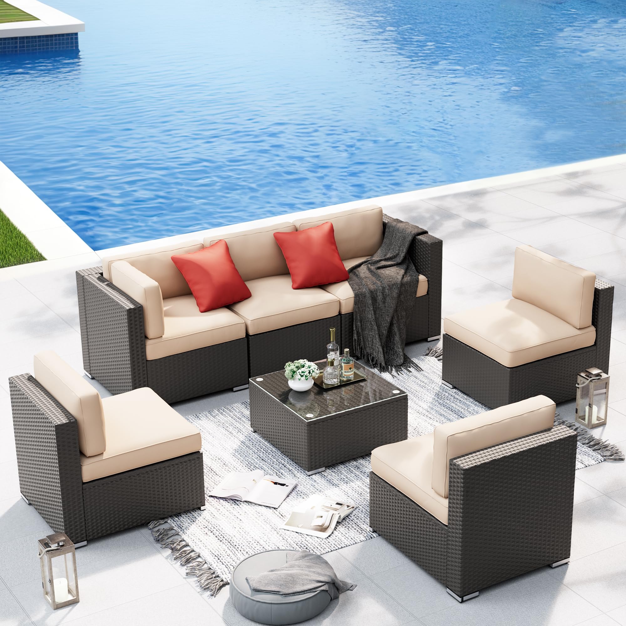 Patiomore 7-Piece Outdoor Patio Sectional Sofa Sets, Black Brown PE Wicker Furniture Set with Glass Coffee Table, Brown Cushion