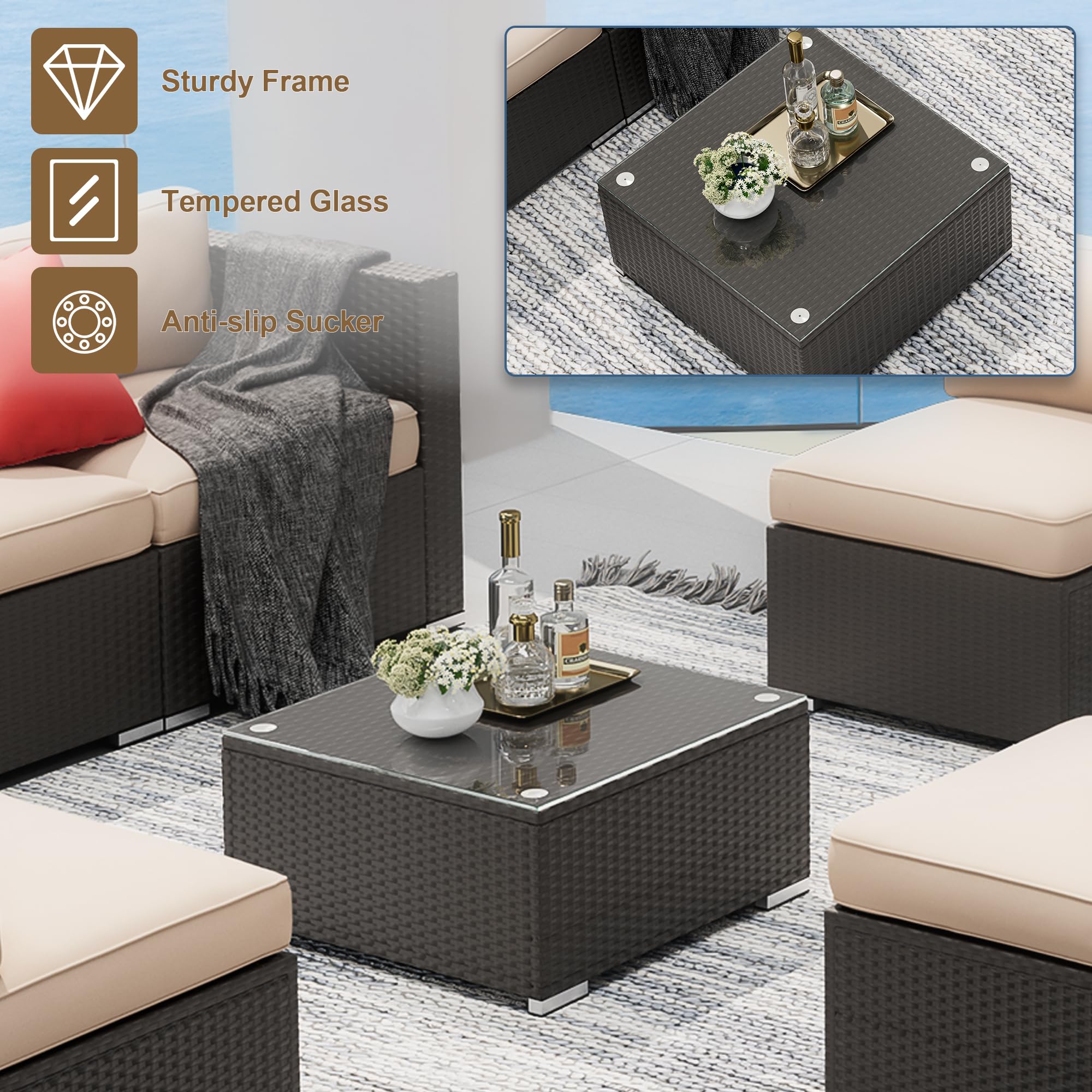 Patiomore 7-Piece Outdoor Patio Sectional Sofa Sets, Black Brown PE Wicker Furniture Set with Glass Coffee Table, Brown Cushion