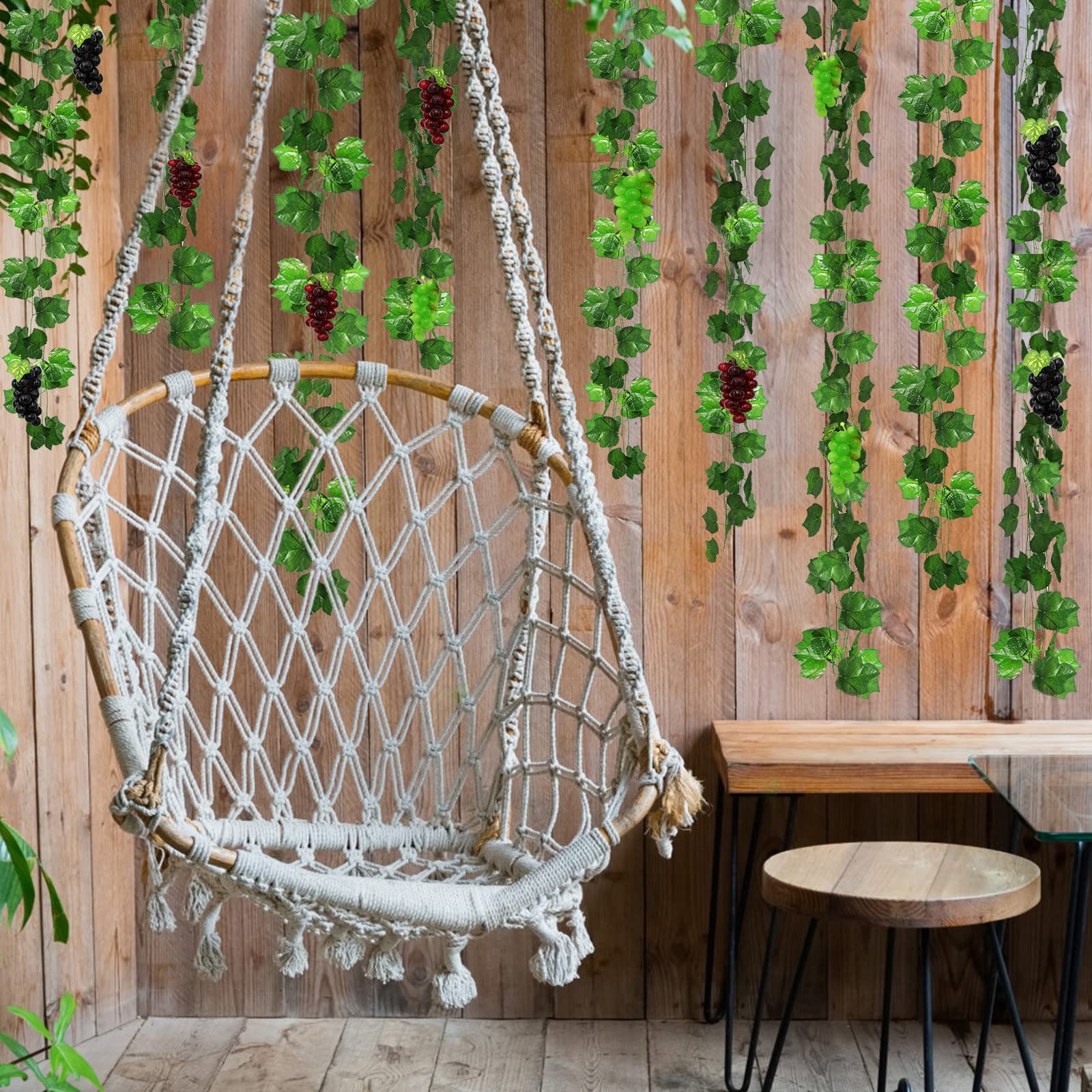 HECATY 12 Strands 90 ft Artificial Fake Grape Vines with 9 Strings Grapes, Hanging Plant Large Leaves Garland for Wedding Party Store Home Decor Indoor Outdoors