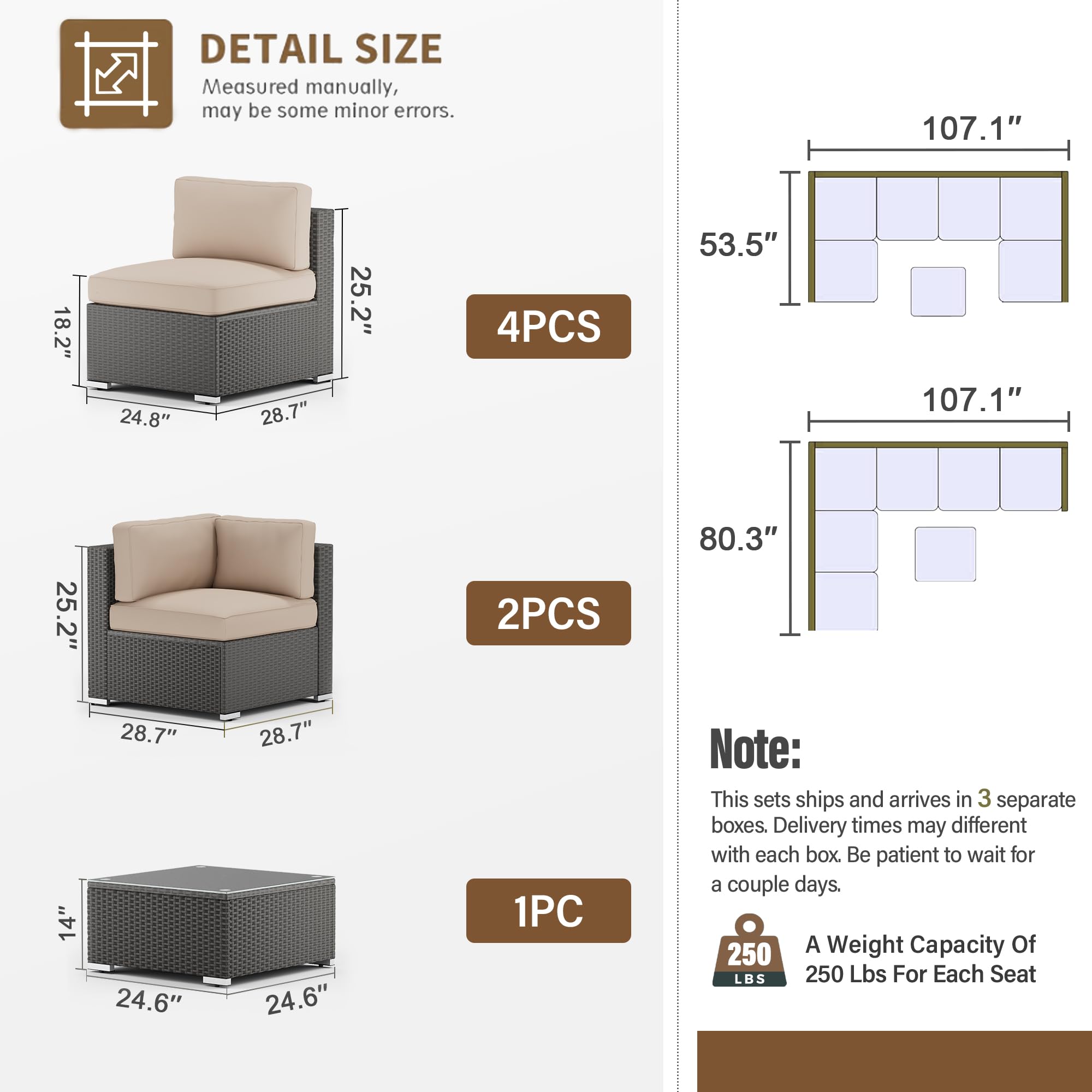 Patiomore 7-Piece Outdoor Patio Sectional Sofa Sets, Black Brown PE Wicker Furniture Set with Glass Coffee Table, Brown Cushion