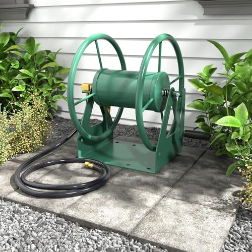 Amazon Basics Wall/Floor Mount Garden Hose Reel with 5-Ft. Leader Hose, Holds up to 200-Feet, Bronze,green