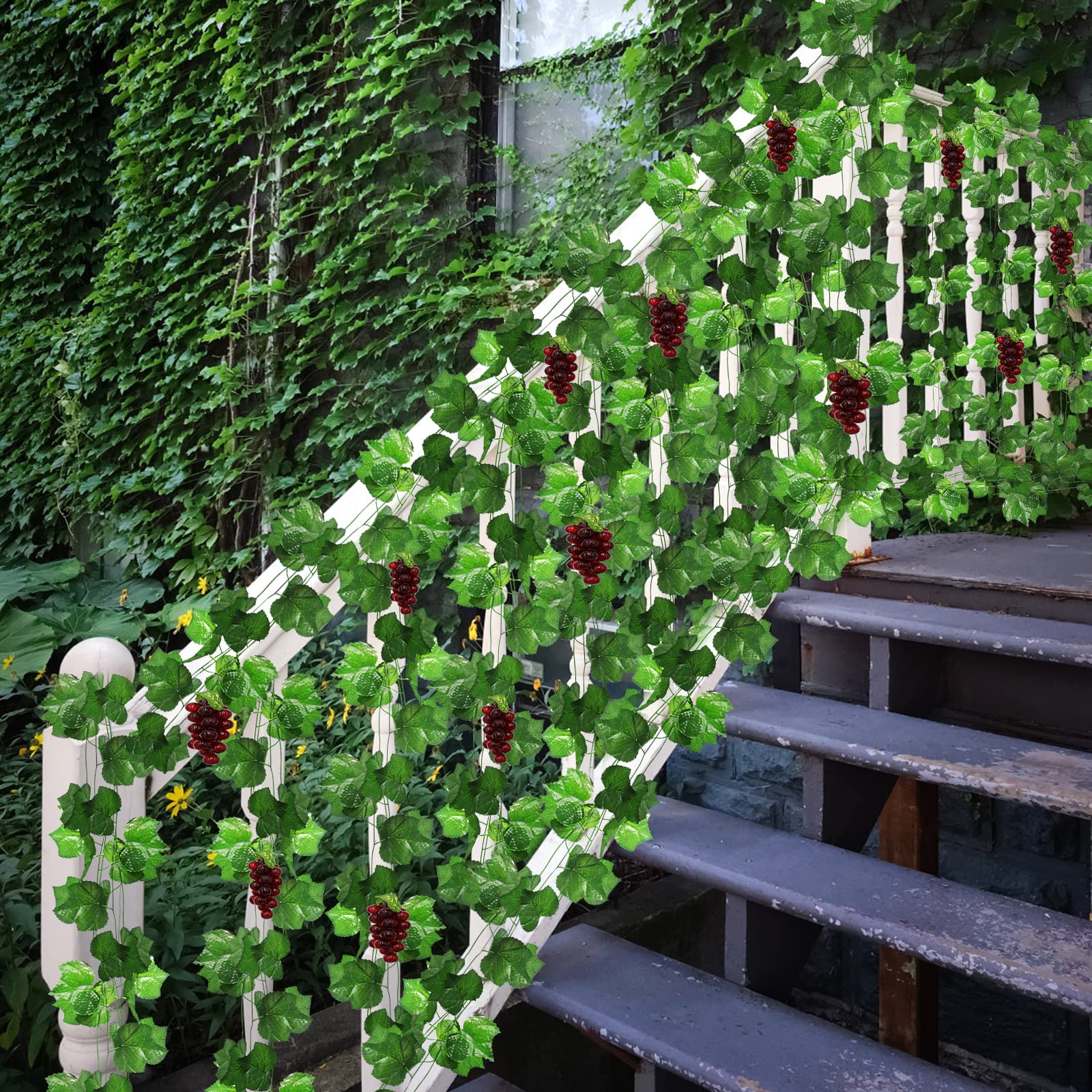 HECATY 12 Strands 90 ft Artificial Fake Grape Vines with 9 Strings Grapes, Hanging Plant Large Leaves Garland for Wedding Party Store Home Decor Indoor Outdoors