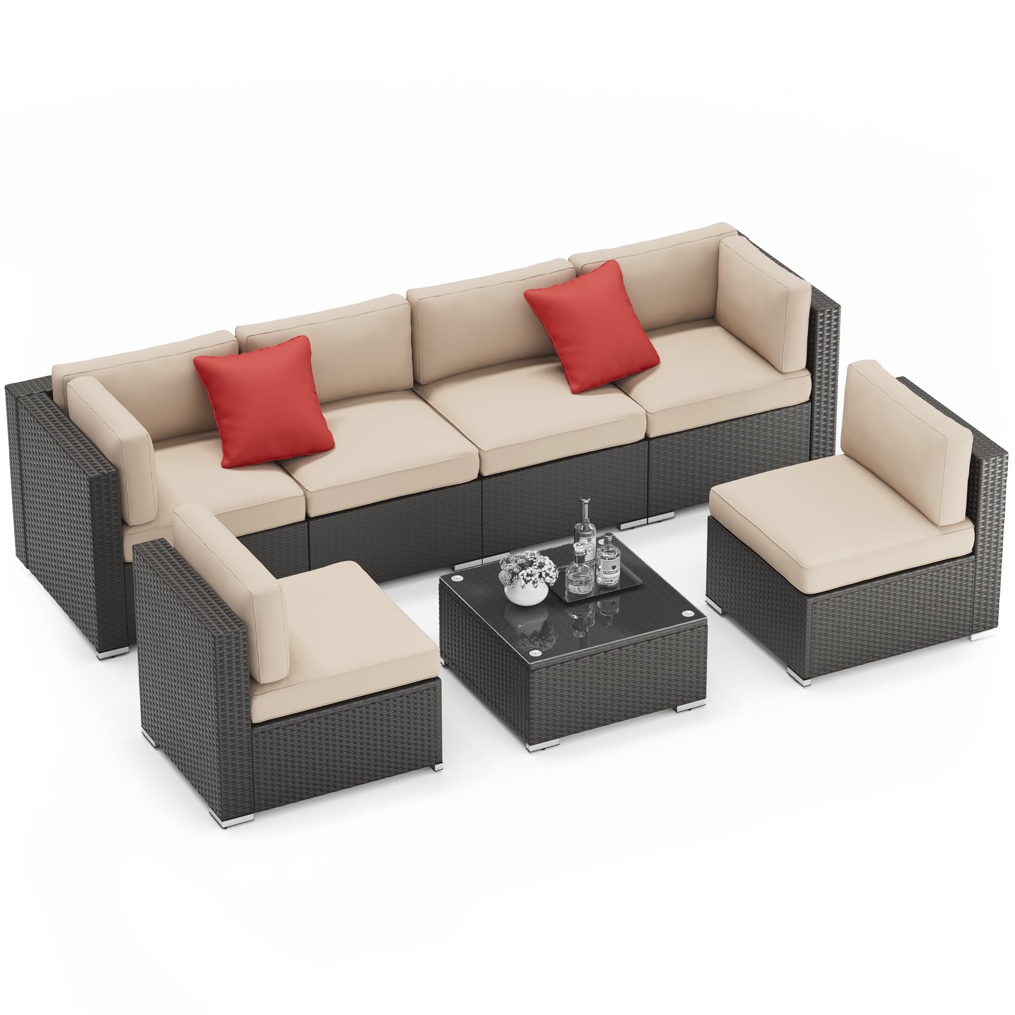 Patiomore 7-Piece Outdoor Patio Sectional Sofa Sets, Black Brown PE Wicker Furniture Set with Glass Coffee Table, Brown Cushion