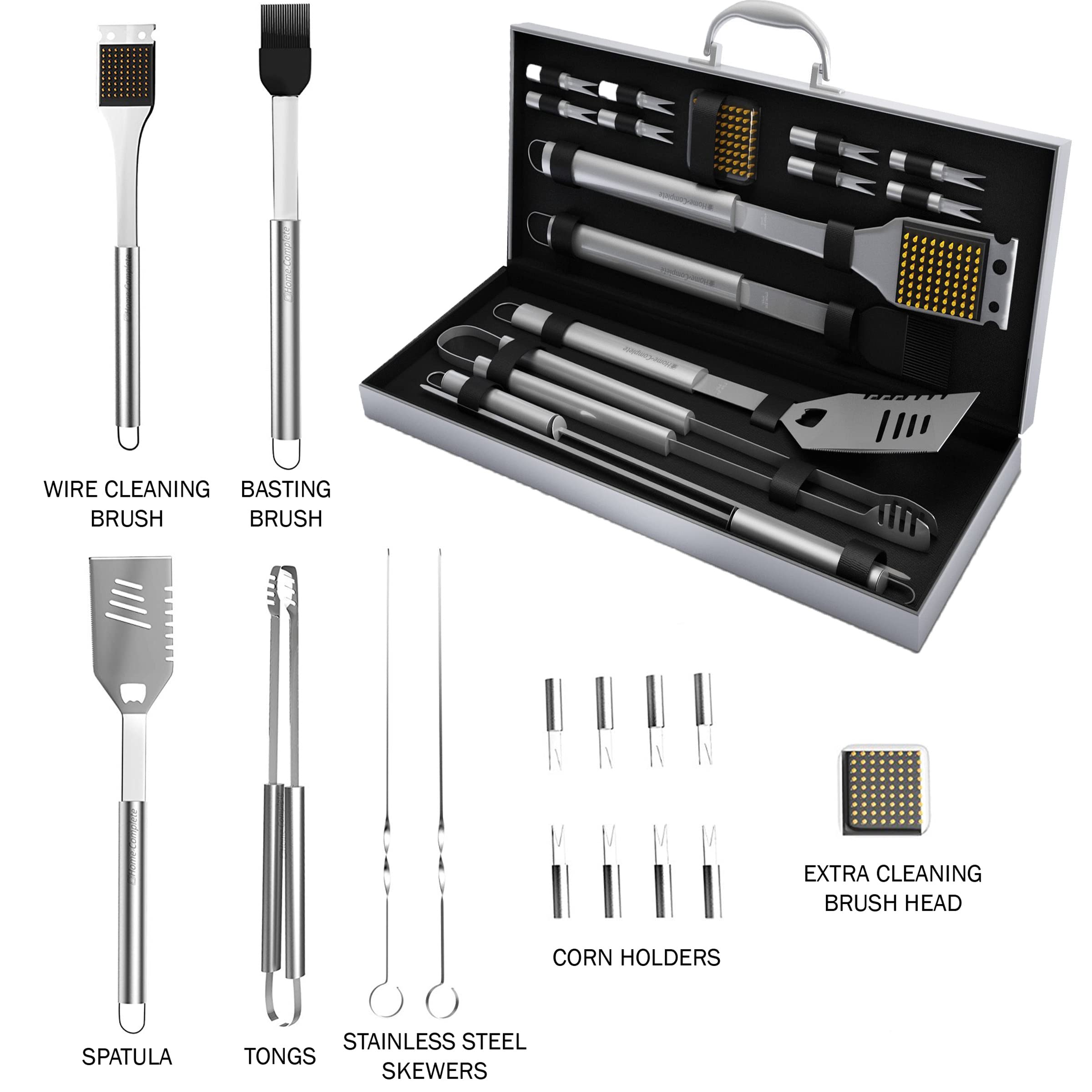 Home-Complete 18-piece BBQ Grill Set, 16-pc Stainless Steel Barbecue Tools Kit with Aluminum Case and 2-pack BBQ Grill Mats