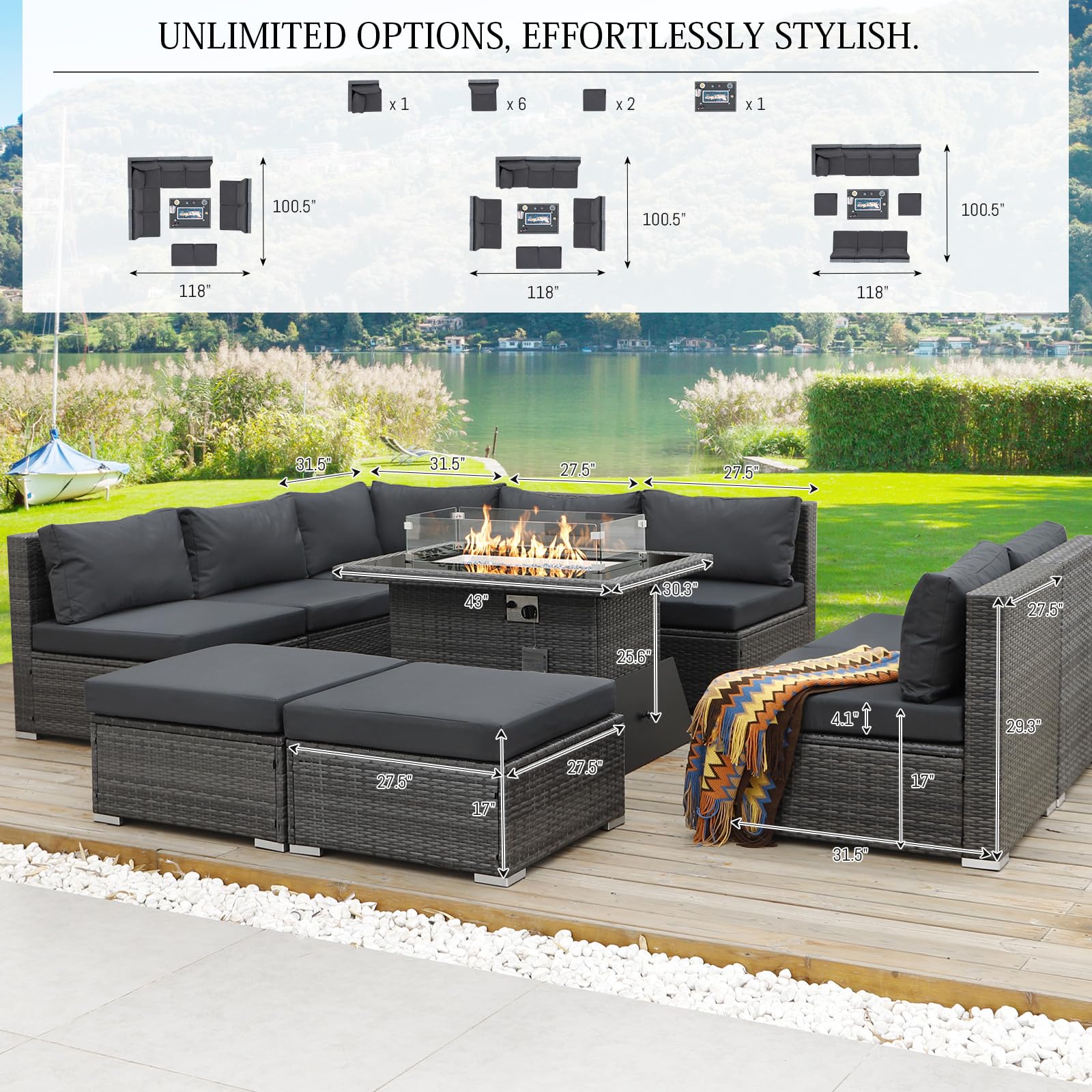 BULEXYARD Grey PE Wicker Patio Furniture Sectional Conversation Sofa Set with 43" Propane/Natural Gas Fire Pit Table, Large Size High Back Outdoor Furniture Set with Fireplace(10Pcs, Dark Grey)