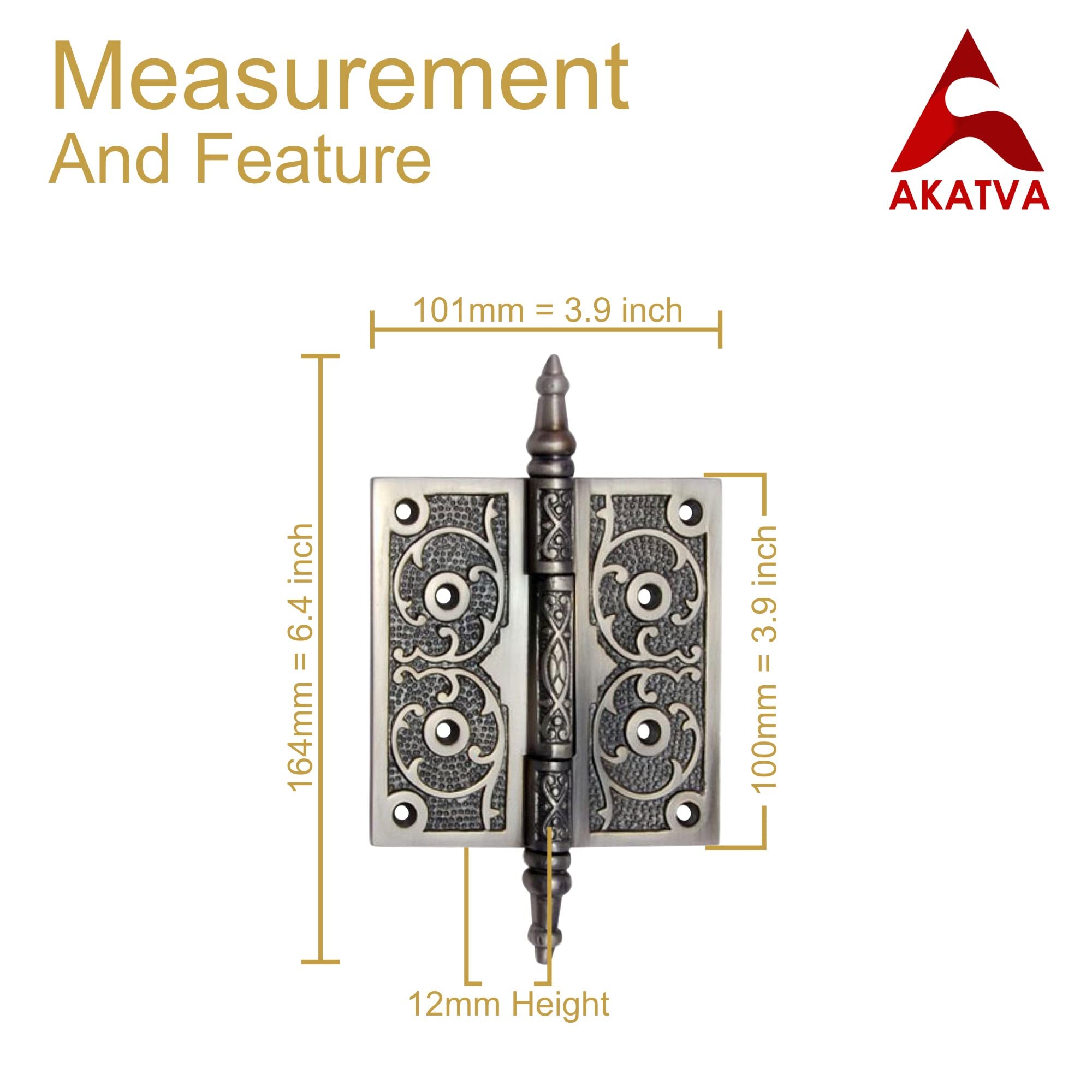 Akatva 164mm x 101mm x 12mm Brass Decorative Hinge Set - 1 Piece Gate Hinges for Wooden and Metal Fences, Doors, Cabinets - Brass Ball Bearing Hinge Hardware Kit - Antique Brushed Nickel Finish