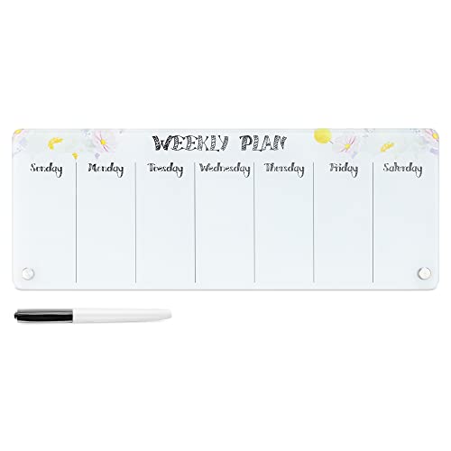 Navaris Weekly Whiteboard Planner - Small Dry Erase Glass Whiteboard to Do Calendar for Office Desk Dry Erase Schedule Board - 16 x 6 Inches - Flowers