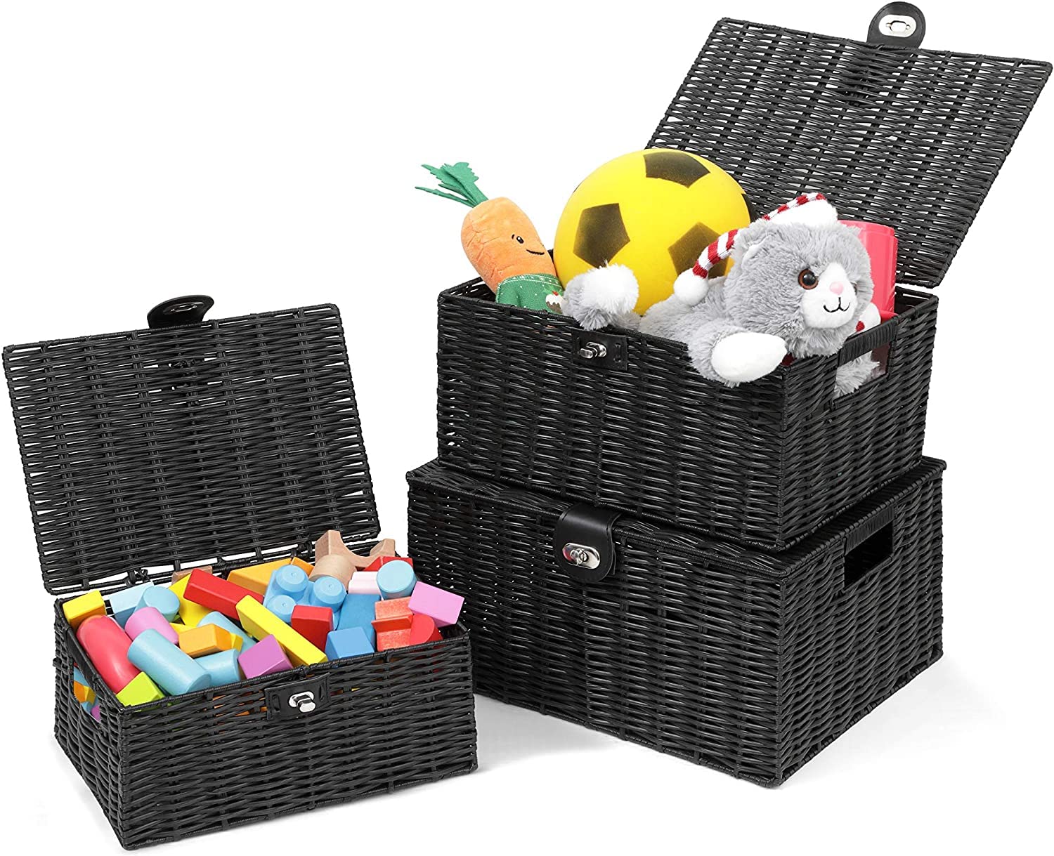 Honygebia Black Wicker Storage Baskets - Set of 3 Decorative Nesting Boxes with Lids, Woven Basket with Lock & Handle, Organizer for Beauty Makeup Bathroom Decor