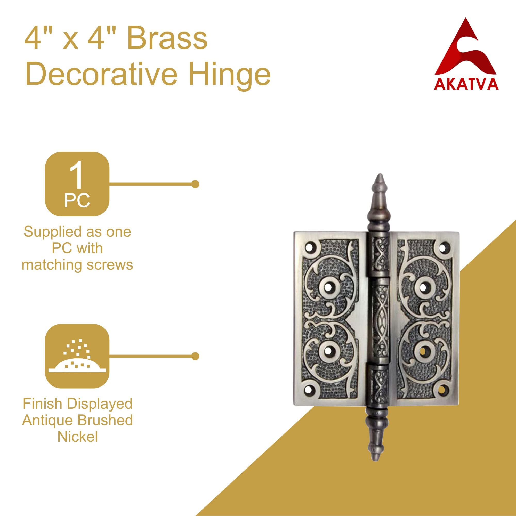 Akatva 164mm x 101mm x 12mm Brass Decorative Hinge Set - 1 Piece Gate Hinges for Wooden and Metal Fences, Doors, Cabinets - Brass Ball Bearing Hinge Hardware Kit - Antique Brushed Nickel Finish