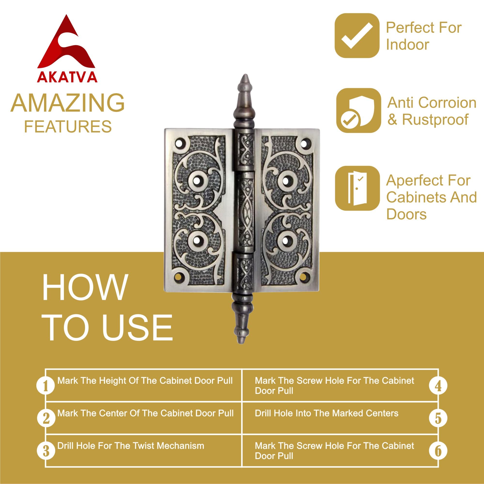 Akatva 164mm x 101mm x 12mm Brass Decorative Hinge Set - 1 Piece Gate Hinges for Wooden and Metal Fences, Doors, Cabinets - Brass Ball Bearing Hinge Hardware Kit - Antique Brushed Nickel Finish