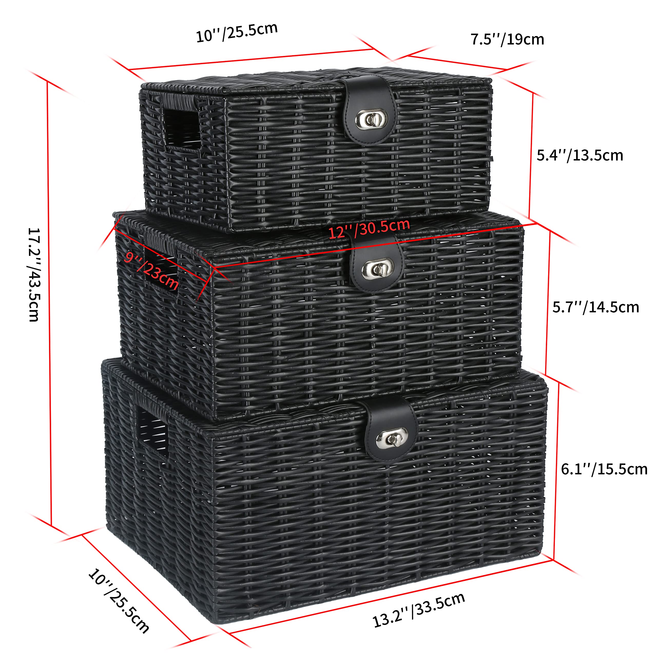 Honygebia Black Wicker Storage Baskets - Set of 3 Decorative Nesting Boxes with Lids, Woven Basket with Lock & Handle, Organizer for Beauty Makeup Bathroom Decor