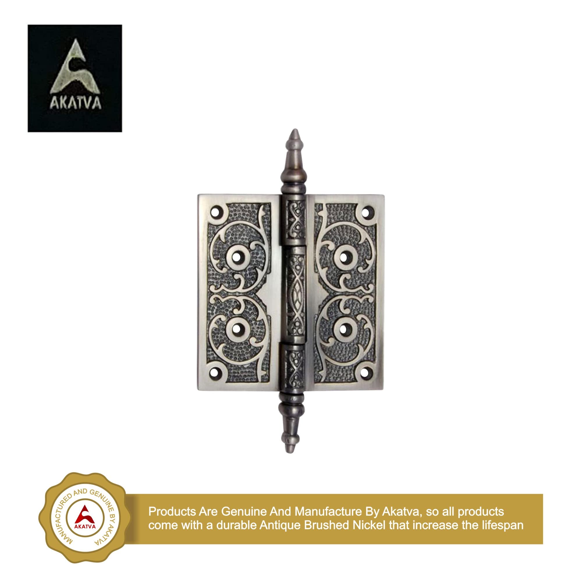 Akatva 164mm x 101mm x 12mm Brass Decorative Hinge Set - 1 Piece Gate Hinges for Wooden and Metal Fences, Doors, Cabinets - Brass Ball Bearing Hinge Hardware Kit - Antique Brushed Nickel Finish