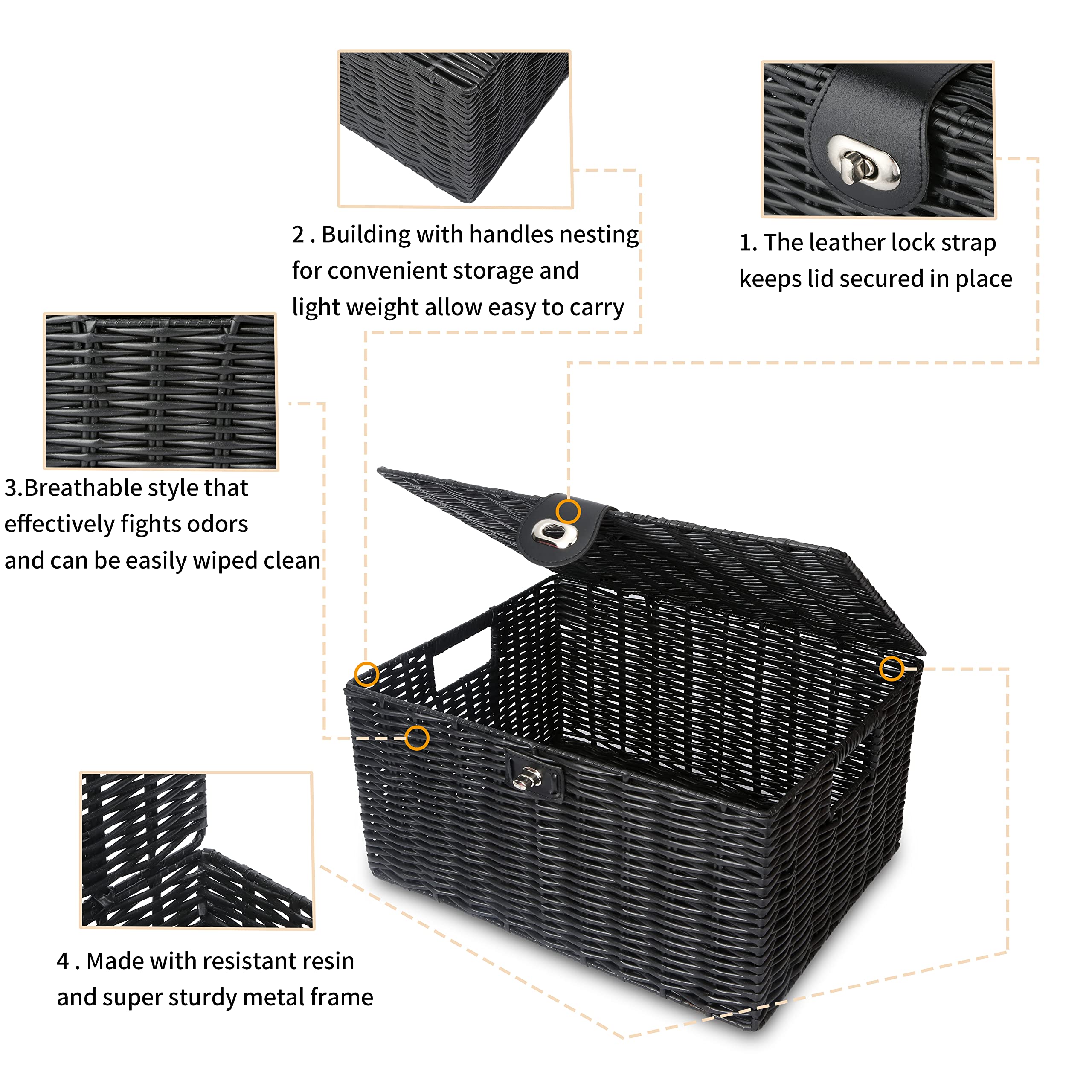 Honygebia Black Wicker Storage Baskets - Set of 3 Decorative Nesting Boxes with Lids, Woven Basket with Lock & Handle, Organizer for Beauty Makeup Bathroom Decor