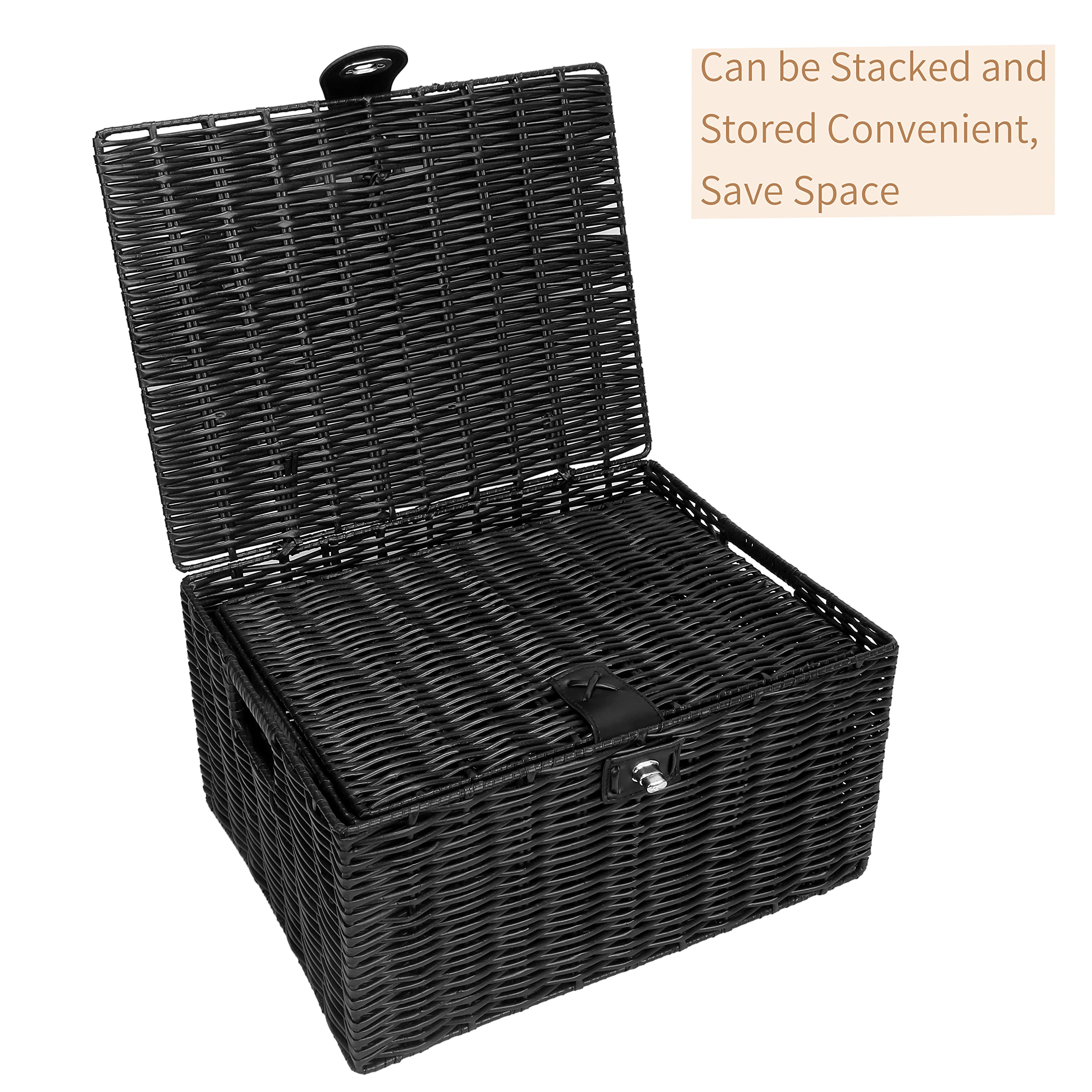 Honygebia Black Wicker Storage Baskets - Set of 3 Decorative Nesting Boxes with Lids, Woven Basket with Lock & Handle, Organizer for Beauty Makeup Bathroom Decor