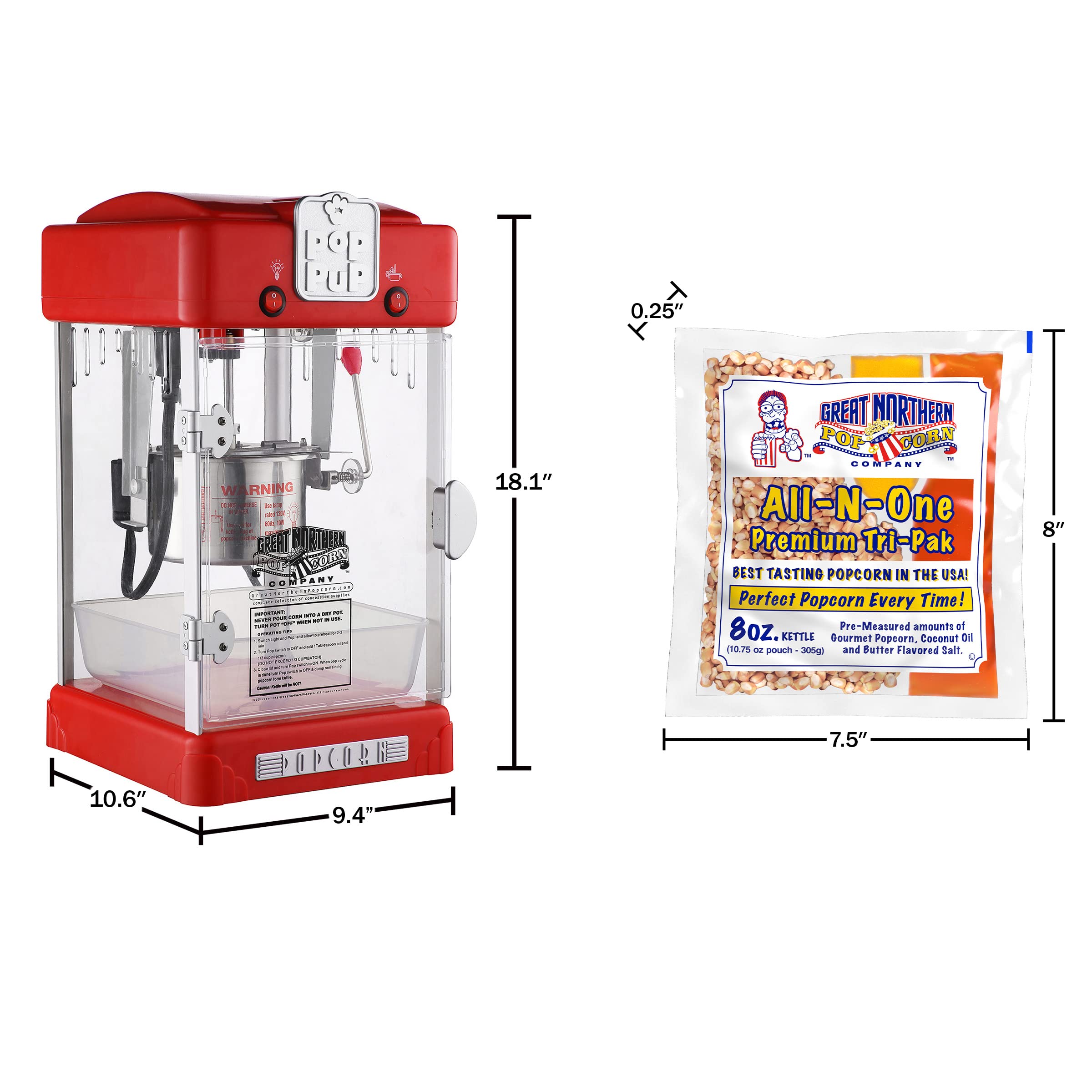 Pop Pup Popcorn Machine β 2.5 Oz Kettle with 12 Pack of Pre-Measured Popcorn Kernel Packets, Scoop, and Serving Cups by Great Northern Popcorn (Red),83-DT6031