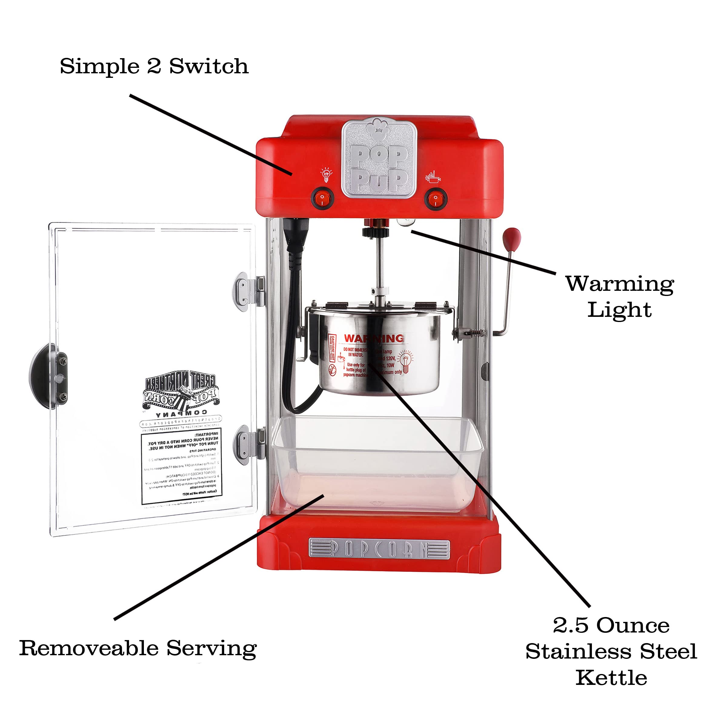 Pop Pup Popcorn Machine β 2.5 Oz Kettle with 12 Pack of Pre-Measured Popcorn Kernel Packets, Scoop, and Serving Cups by Great Northern Popcorn (Red),83-DT6031