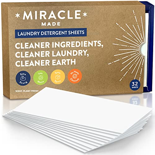 Miracle Made Liquidless Laundry Detergent Sheets - 32 Sheets (64 Loads) - Plant Fresh Scent, Plastic-Free Biodegradable Travel Eco-Strips - Dye, Bleach & Paraben Free - Eco Friendly Travel Detergent