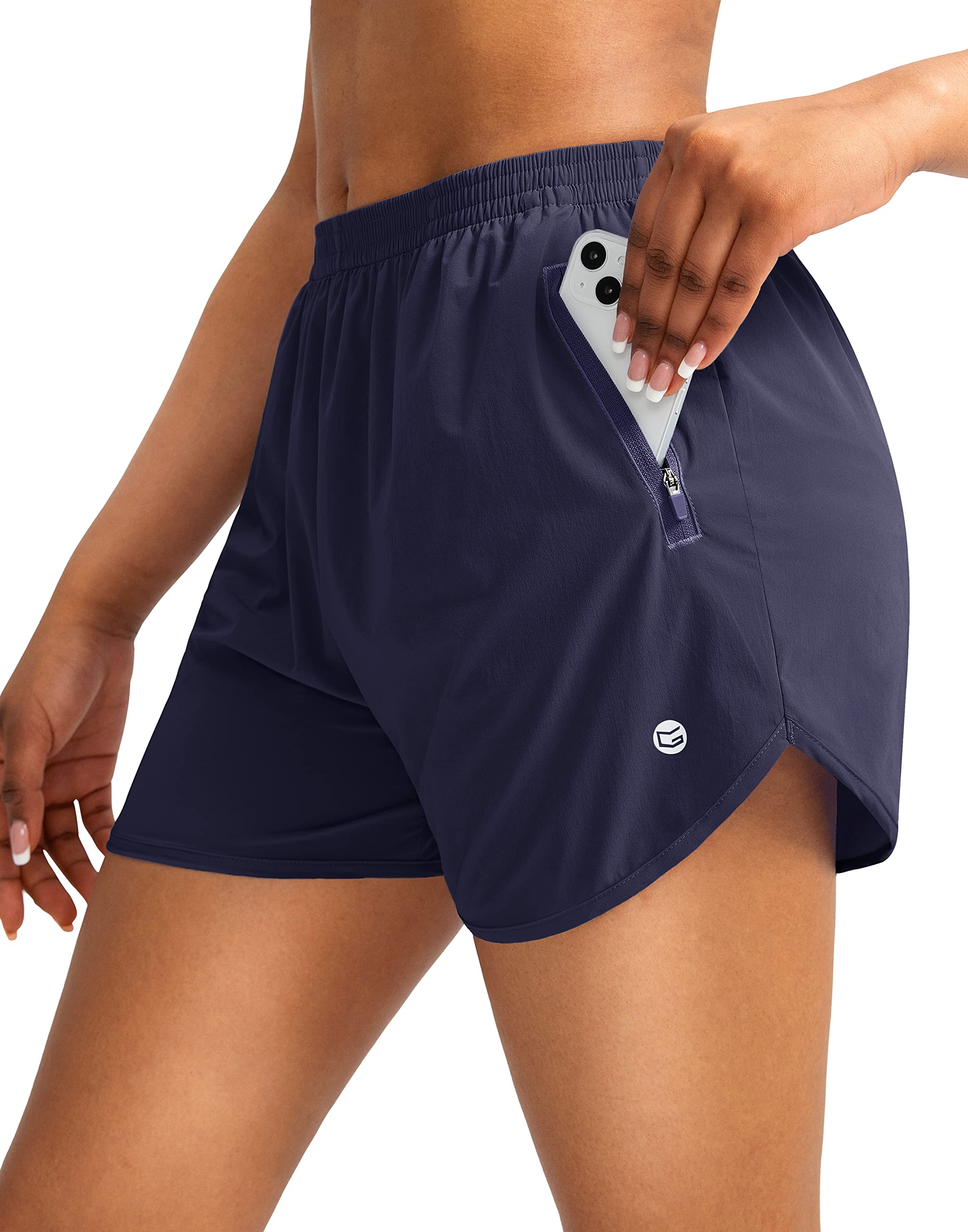 G Gradual Women's Running Shorts with Zipper Pockets Quick Dry Athletic Workout Gym 3" Short Shorts for Women with Comfy Liner (Navy Blue, Small)