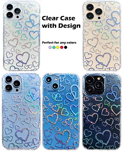 LSEEKA Compatible with iPhone 13 Pro Max Clear Case with Love Heart Laser Glitter Holographic Design,Sparkly Bling Cute Hard PC & Soft TPU Bumper Shockproof Protective Phone Cover for Women Girls