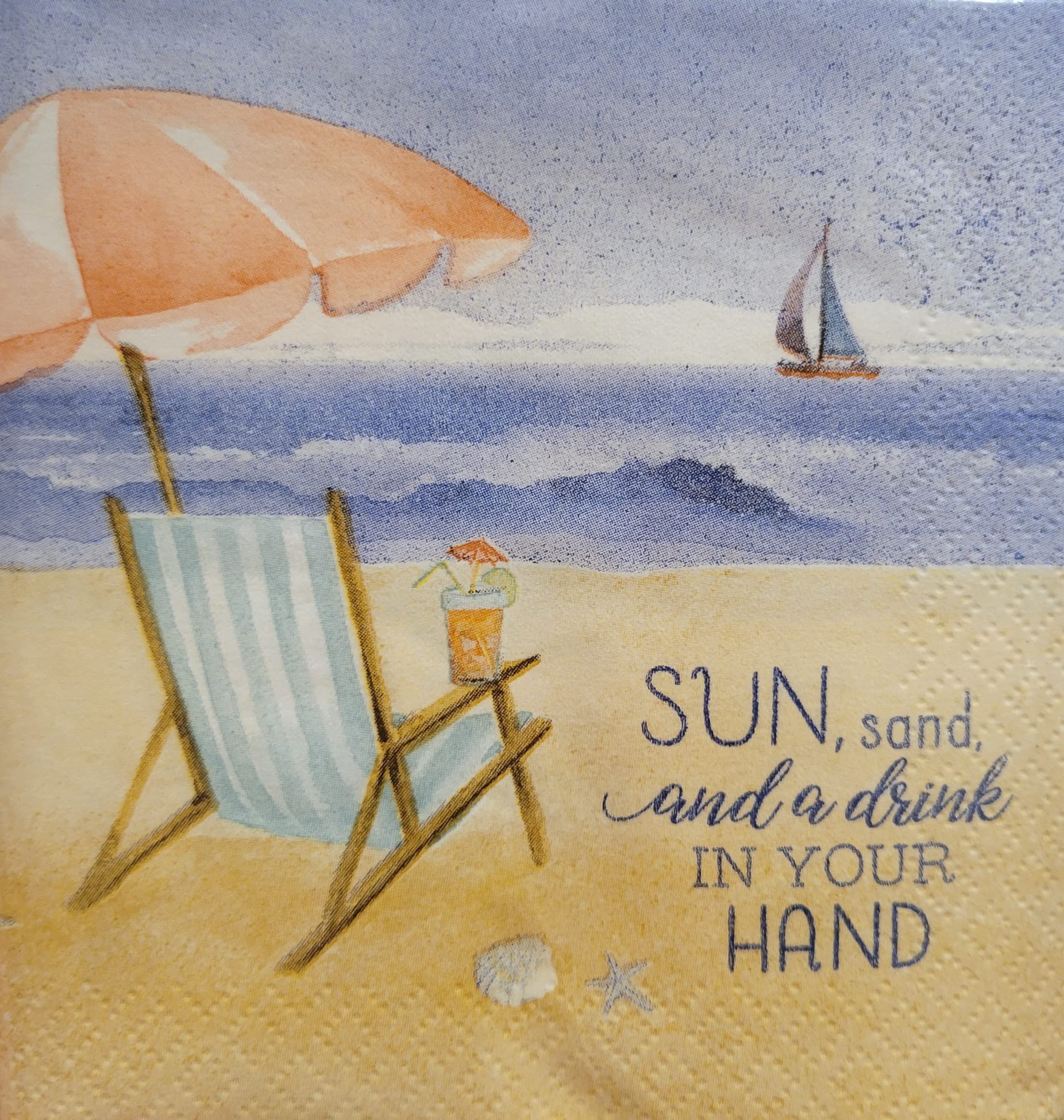 Beach Breeze Chair Sun, Sand, Drink in Hand Cocktail Beverage Paper Napkins | 5"x5" Size Folded | 48 ct | 2 ply | Beach Seashore Summer Party