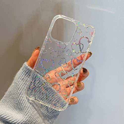 LSEEKA Compatible with iPhone 13 Pro Max Clear Case with Love Heart Laser Glitter Holographic Design,Sparkly Bling Cute Hard PC & Soft TPU Bumper Shockproof Protective Phone Cover for Women Girls