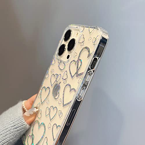 LSEEKA Compatible with iPhone 13 Pro Max Clear Case with Love Heart Laser Glitter Holographic Design,Sparkly Bling Cute Hard PC & Soft TPU Bumper Shockproof Protective Phone Cover for Women Girls