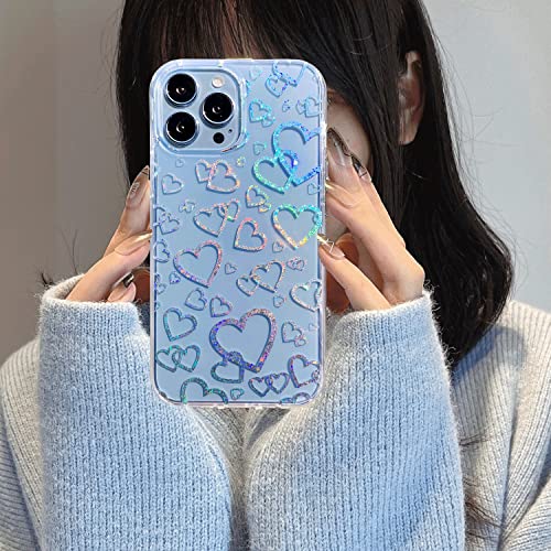 LSEEKA Compatible with iPhone 13 Pro Max Clear Case with Love Heart Laser Glitter Holographic Design,Sparkly Bling Cute Hard PC & Soft TPU Bumper Shockproof Protective Phone Cover for Women Girls