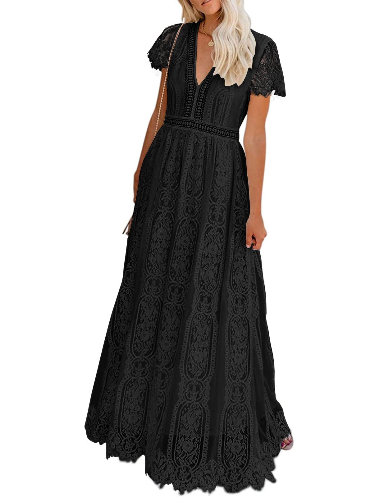 MEROKEETY Women's 2024 V Neck Short Sleeve Floral Lace Wedding Dress Bridesmaid Cocktail Party Maxi Dress, Black, X-Large