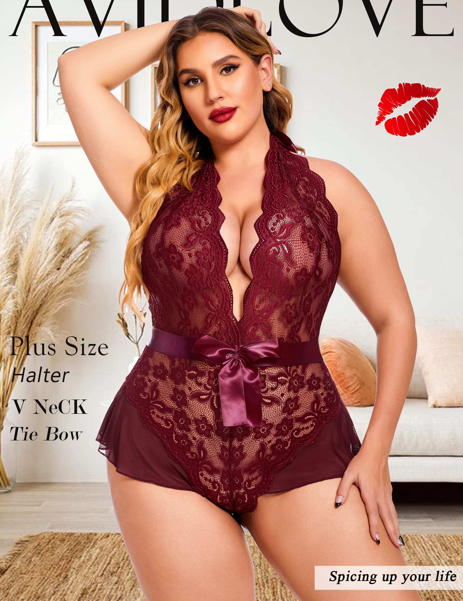 Avidlove Women's Plus Size Lace Babydoll Bodysuit One Piece Lingerie Sexy Halter Teddy Dark Red 18 Plus