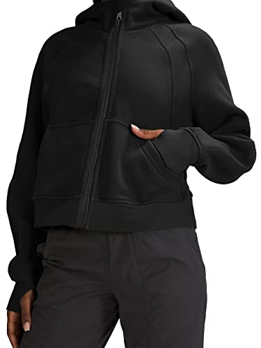 LASLULU Womens Fuzzy Cropped Hoodies Sport Athletic Zip Up Hoodie Stand Collar Sweater Fleece Lined Sweatshirt Long Sleeve Pullover Tops Pockets(Black-Medium)