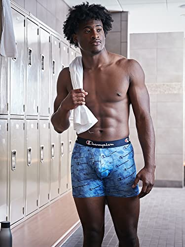 Champion Men's Underwear Boxer Briefs, Everyday Active, Lightweight Stretch, Multi-Pack, Blue Print With Champion Logo/Navy/Silverstone - 3 Pack, Large