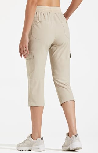 Libin Women's Cargo Capri Hiking Pants Lightweight Quick Dry Cropped Pants Summer Casual Outdoor with Zipper Pockets, Khaki, Medium