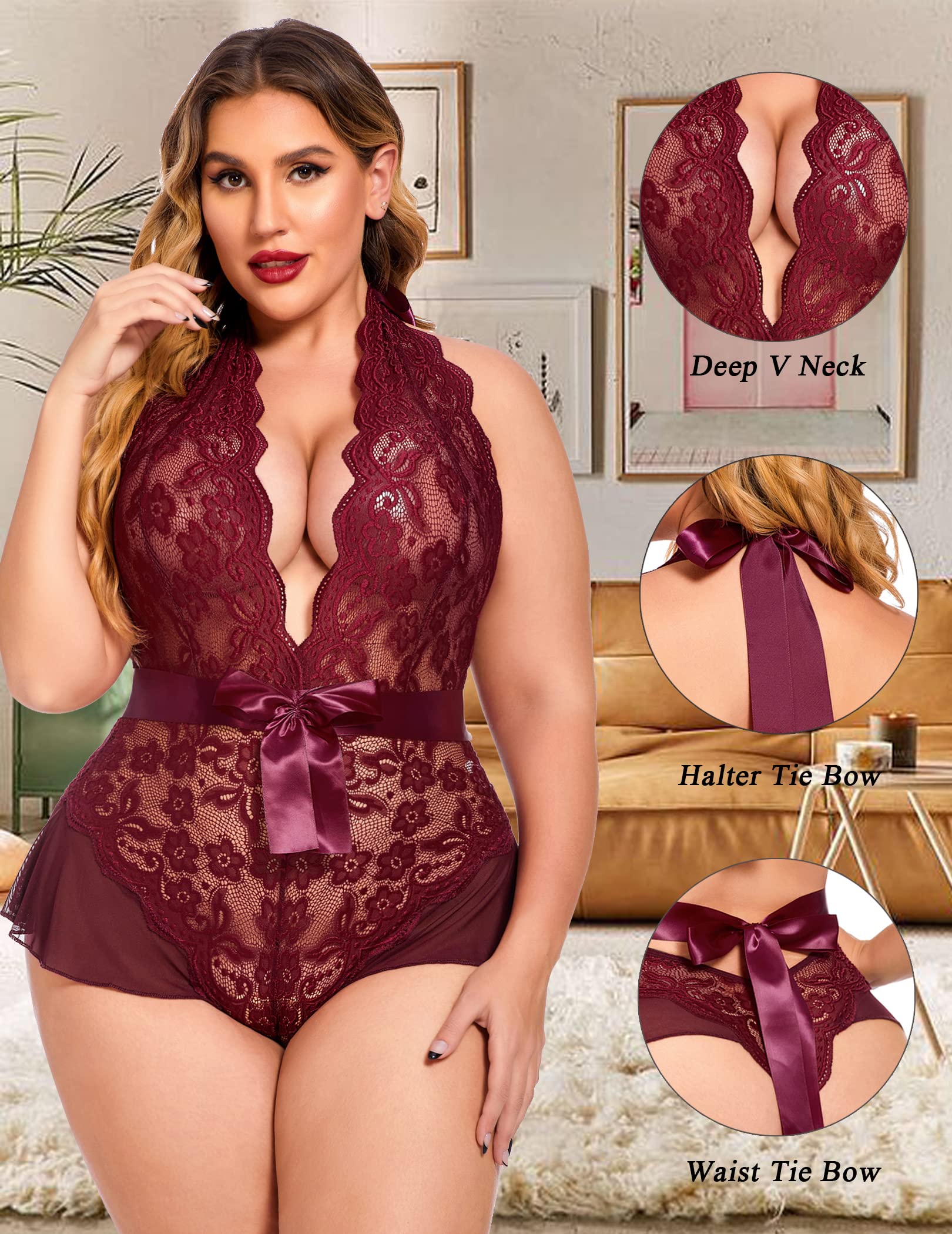 Avidlove Women's Plus Size Lace Babydoll Bodysuit One Piece Lingerie Sexy Halter Teddy Dark Red 18 Plus