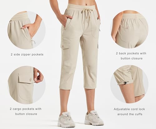 Libin Women's Cargo Capri Hiking Pants Lightweight Quick Dry Cropped Pants Summer Casual Outdoor with Zipper Pockets, Khaki, Medium